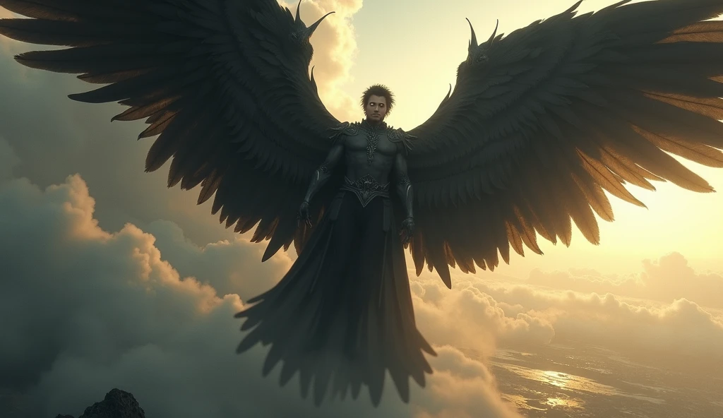 Lucifer, a dark and majestic figure with bright eyes and huge black ...