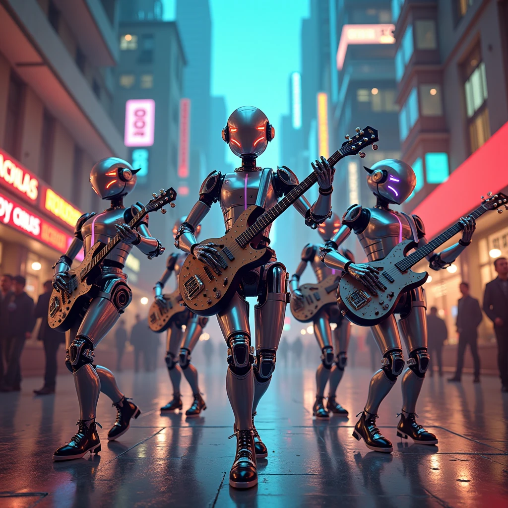 Create an image of a musical group of robots , the name of the group is ...