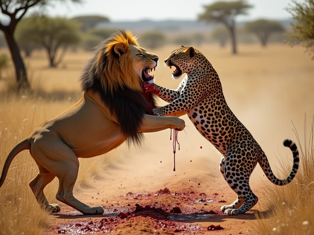 **"A dramatic and intense scene of a lion and a leopard locked in a ...