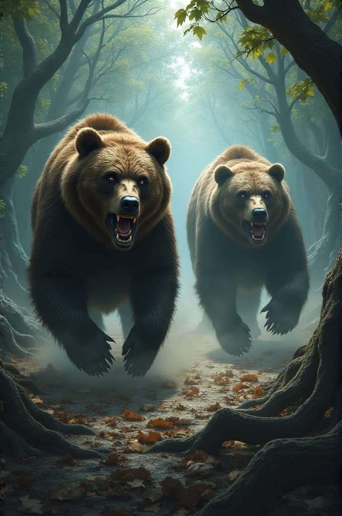 Two ferocious bears emerging from a shady forest , while young people ...