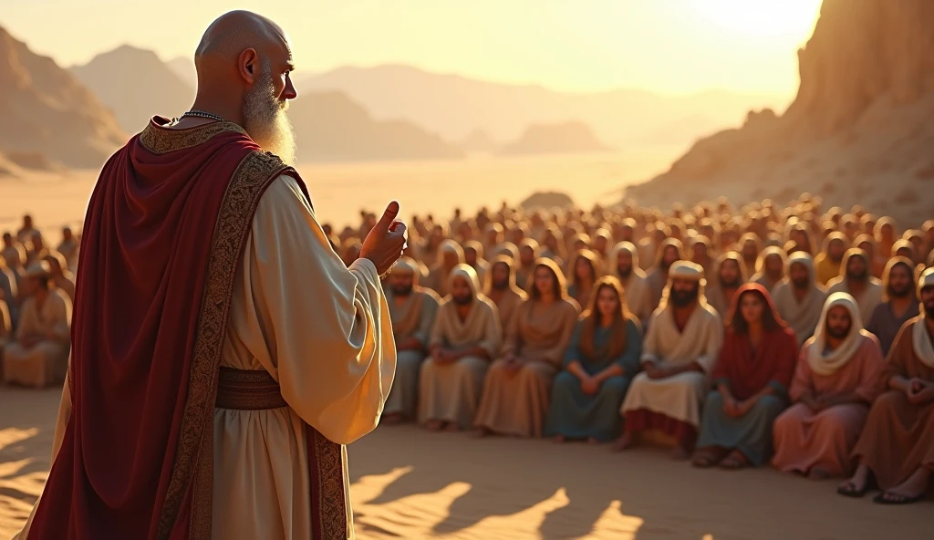 A scene of a prophet teaching a crowd that listens attentively - SeaArt AI