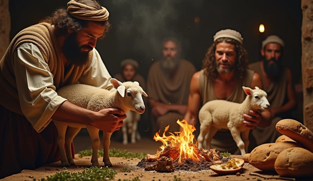 "A detailed scene of an ancient Hebrew family preparing for the ...