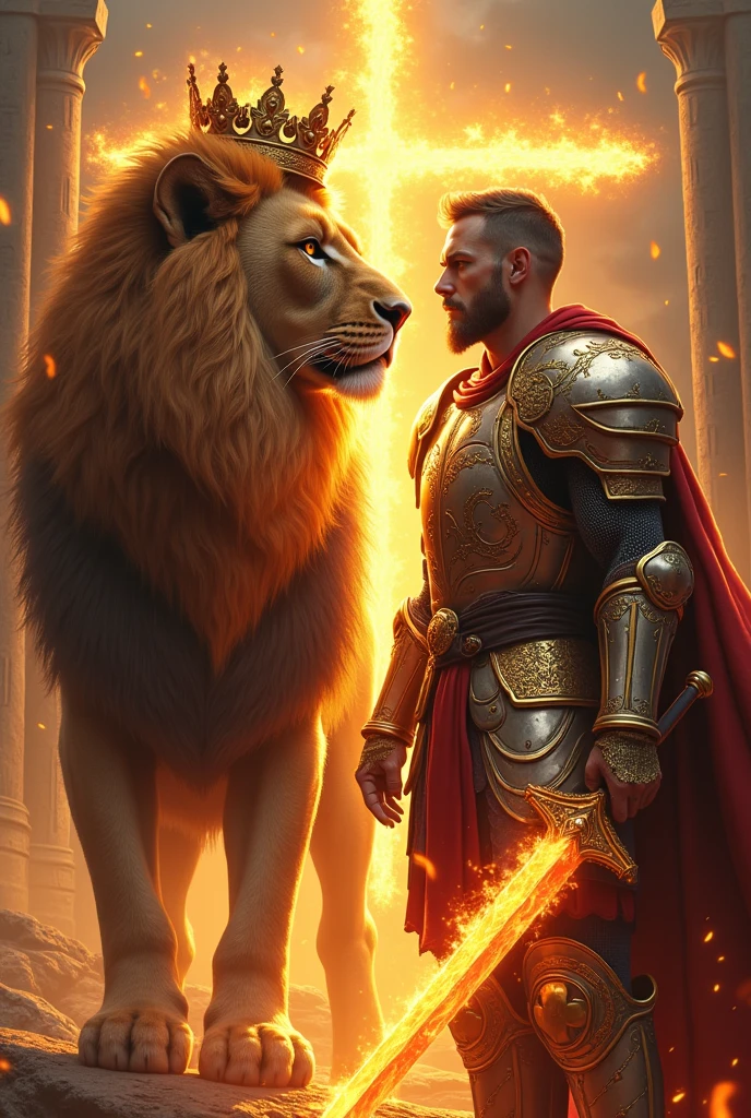 A lion wearing a king's crown and flames of fire next to a Templar ...