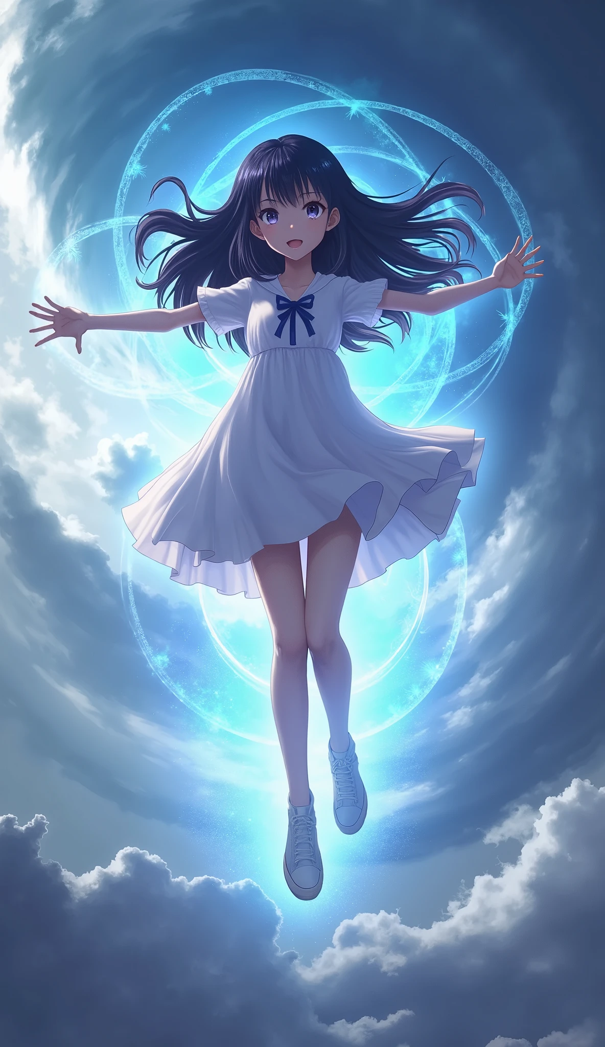 Anime girl in a white dress flying through the air - SeaArt AI