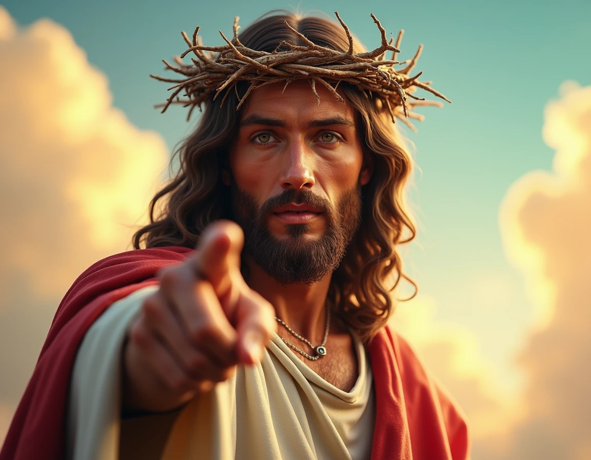 Ultra-realistic 8K image of Jesus looking directly at the camera with a ...