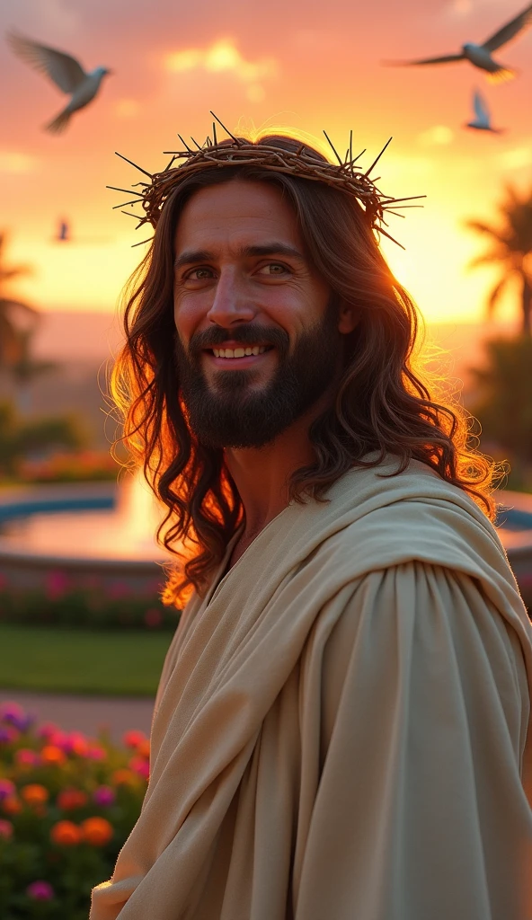 A hyper-realistic and luminous depiction of Jesus Christ. He has long ...