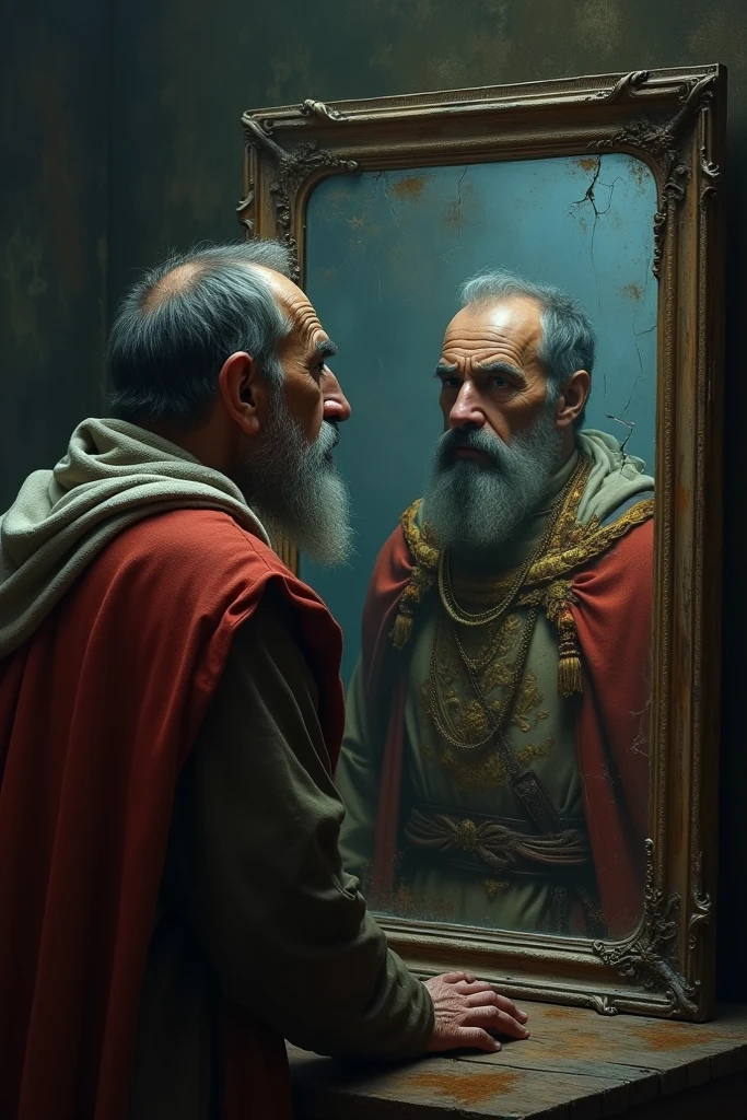 Generate a photo of a poor man looking into a mirror and the reflection ...