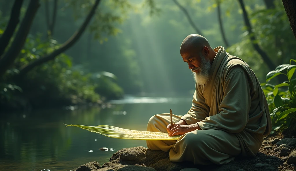 The monk writing a reflective verse on a palm leaf, the words glowing ...