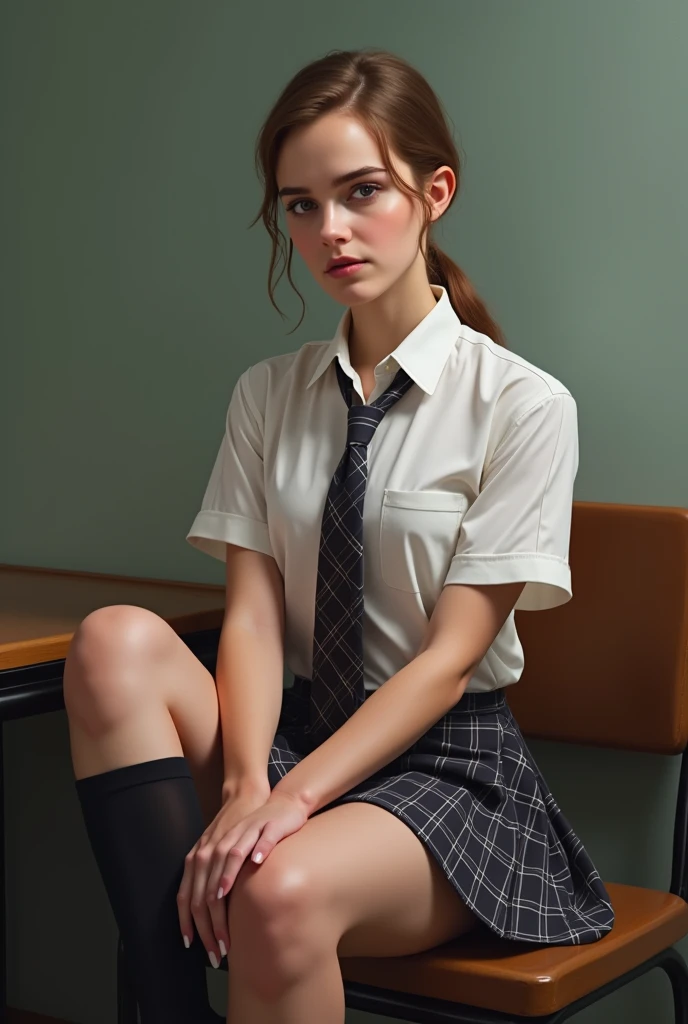 Emma Watson Sits With Her Legs Stretched Out In A School Girl Outfit