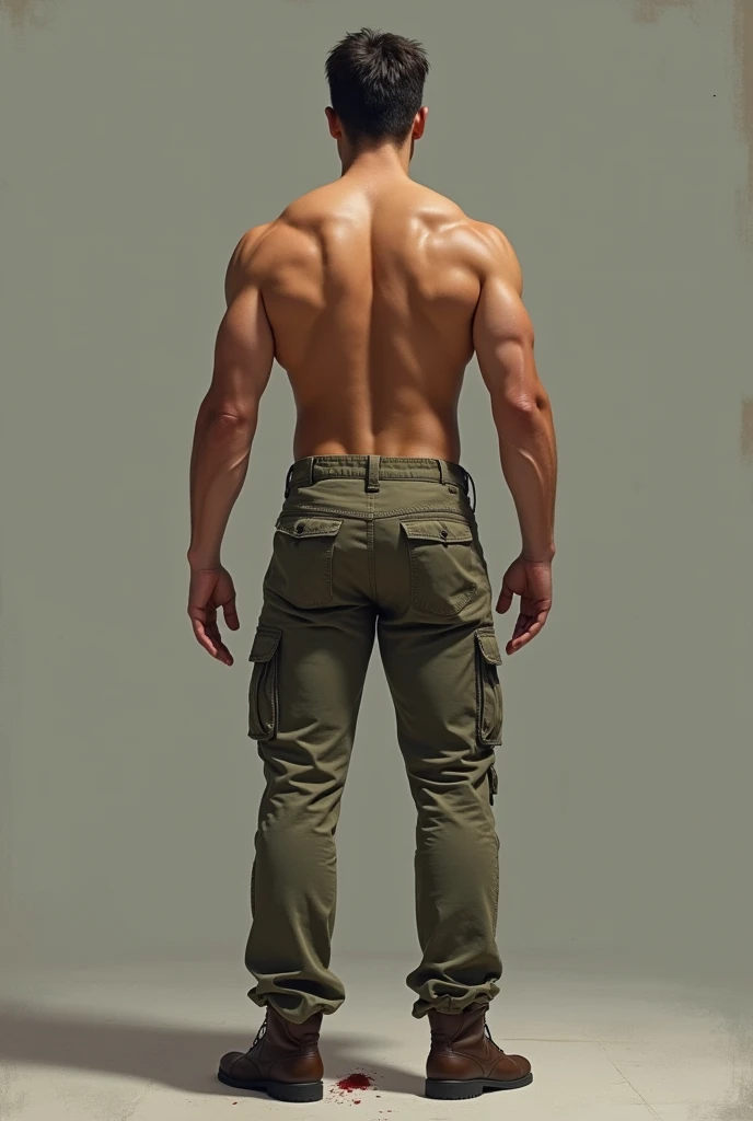 A handsome man facing away pooped his cargo pants. The big bulge is ...