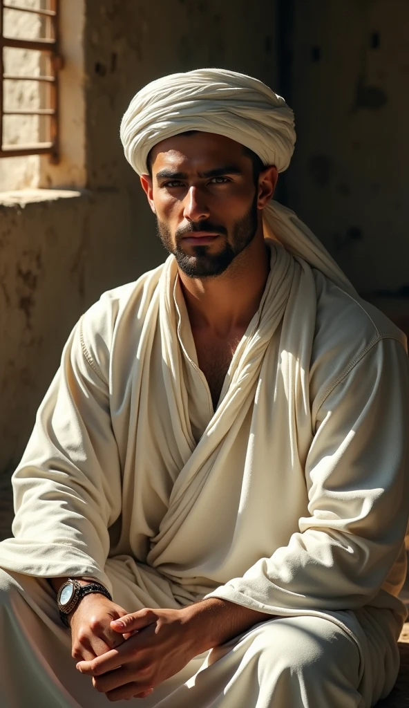 A handsome young man wearing white eastern clothes, a white turban ...