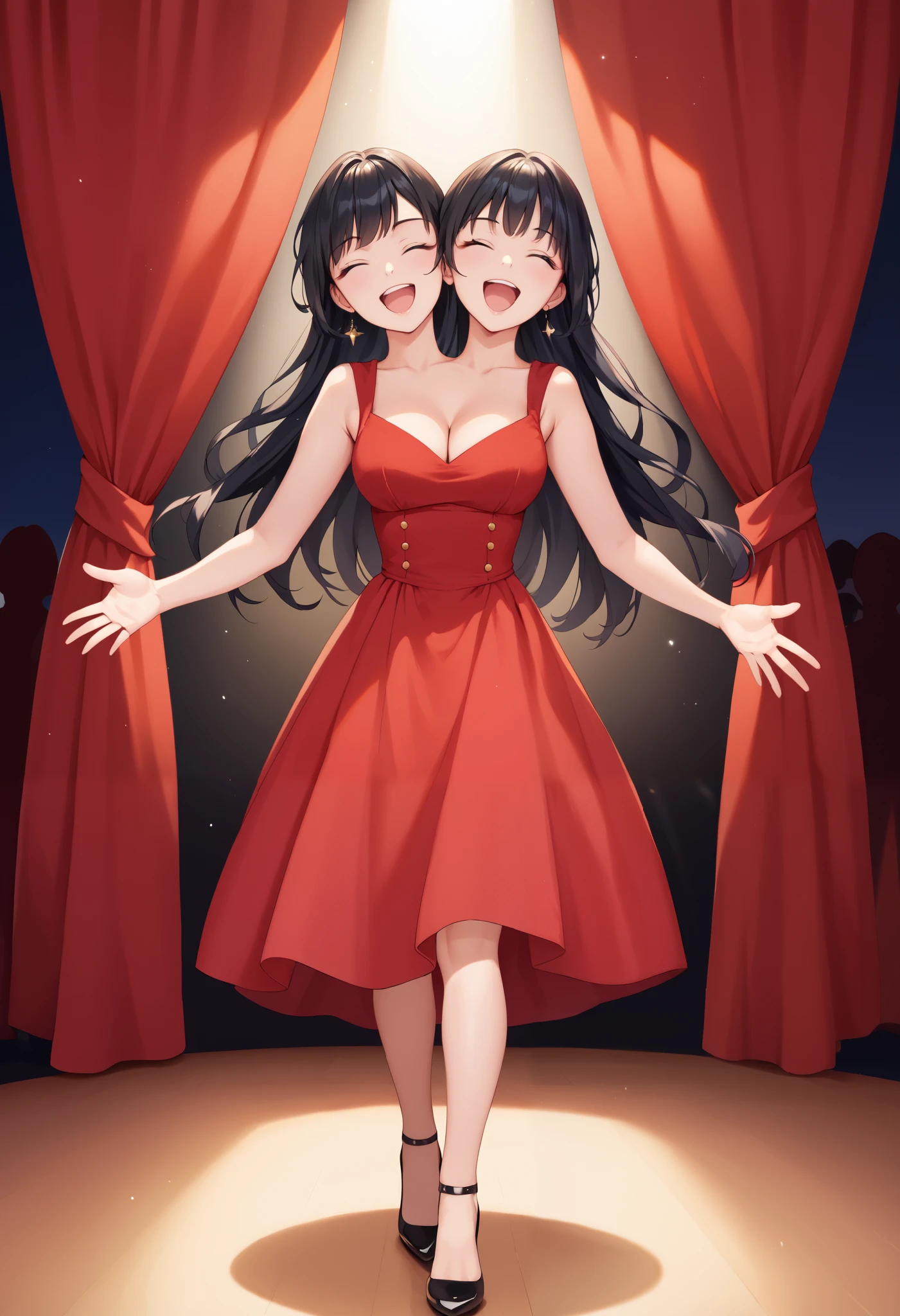 Anime girl in red dress standing in front of a stage with red curtains ...