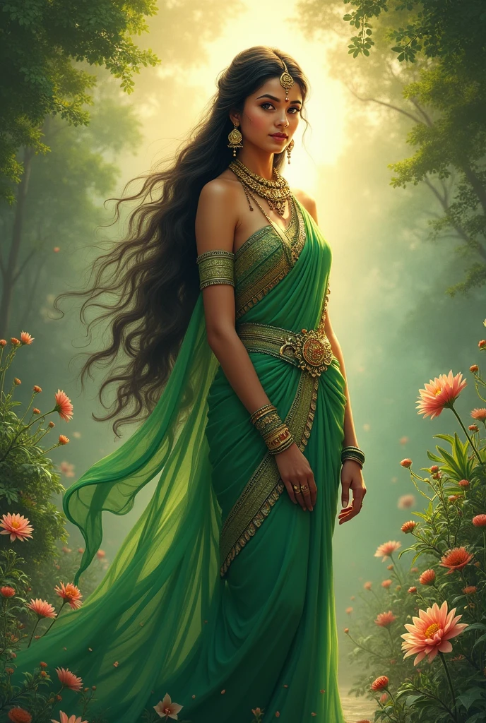 A beautiful indian goddess wearing green saree - SeaArt AI