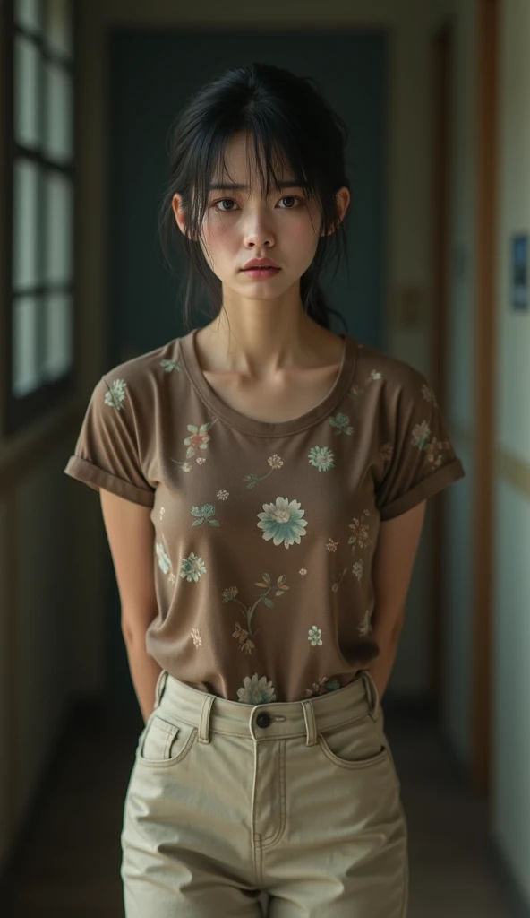 Headshot of a strained Japanese woman wearing a brown floral t - SeaArt AI