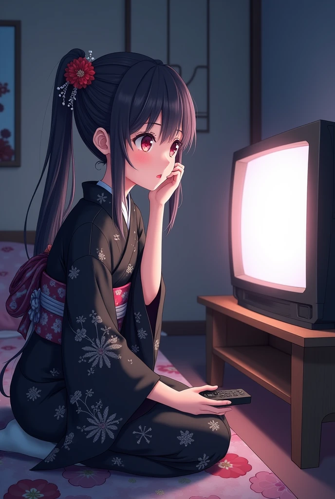 Anime girl wearing a black kimono with flowers is watching television ...