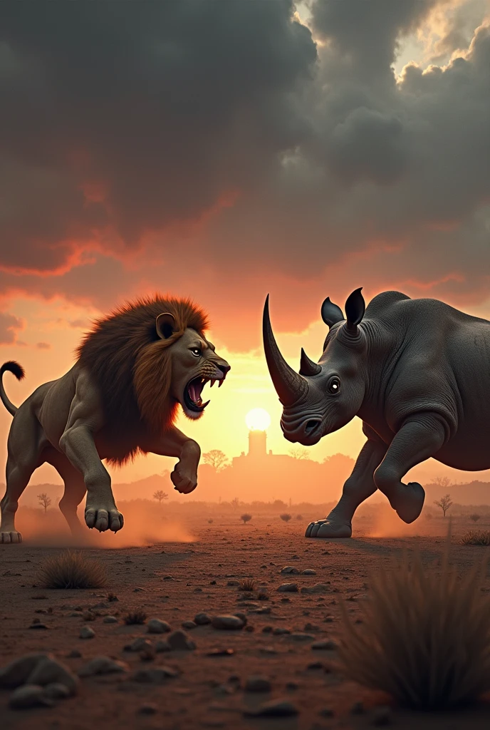 1. Lion and Rhino Standoff in the Wild: "Depict a fierce confrontation ...