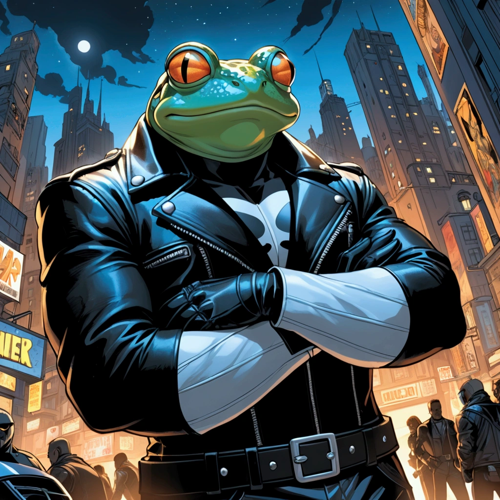 Closeup, An extremely badass light blue and white bullfrog wearing an ...