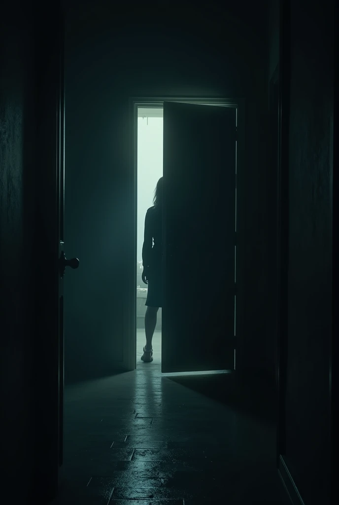 A close-up of the slightly open door, revealing only darkness outside ...