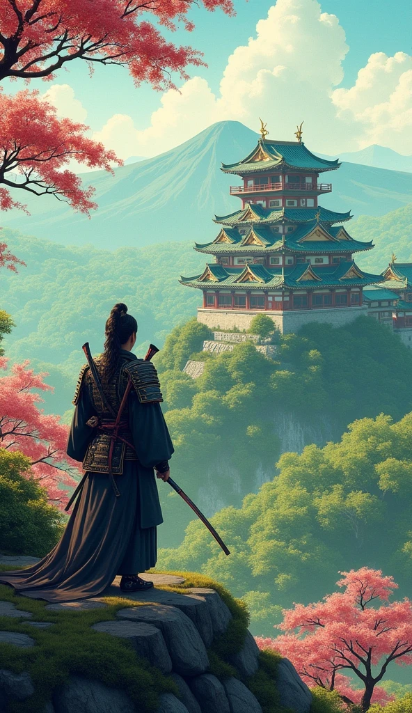 A Japanese samurai watching a beautiful oriental castle from a hill ...
