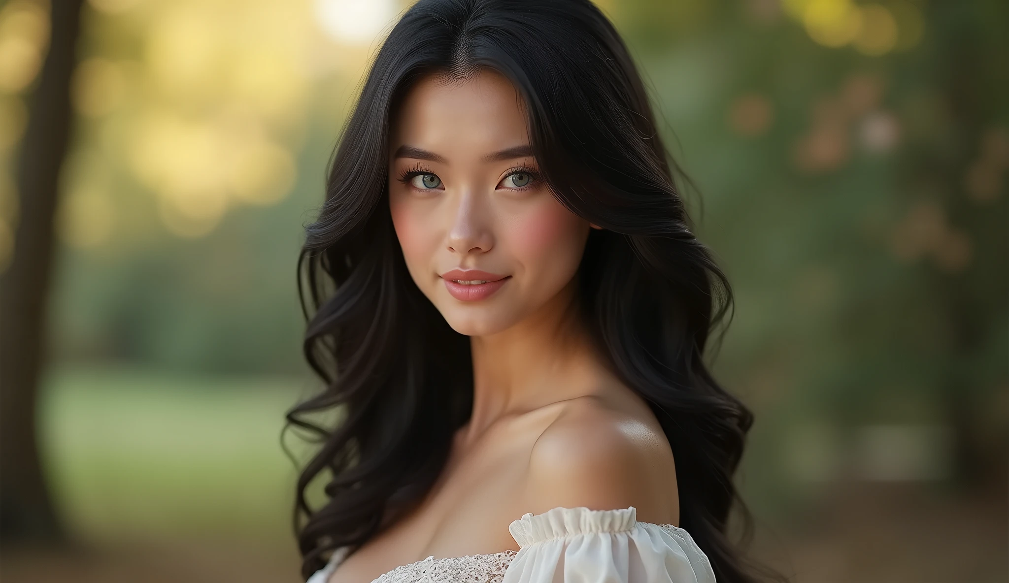 Arafed woman with long black hair and a white dress - SeaArt AI