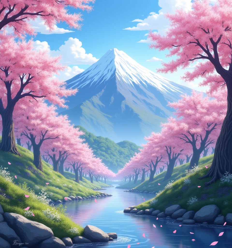 A Sakura Forest,with a stream passing ,beautiful landscape,mountain in ...