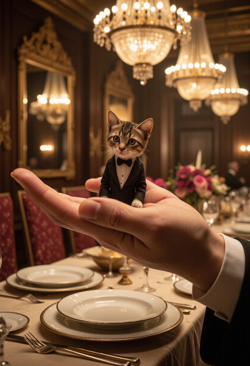 A luxurious banquet scene with a tiny, super miniature cat wearing an ...