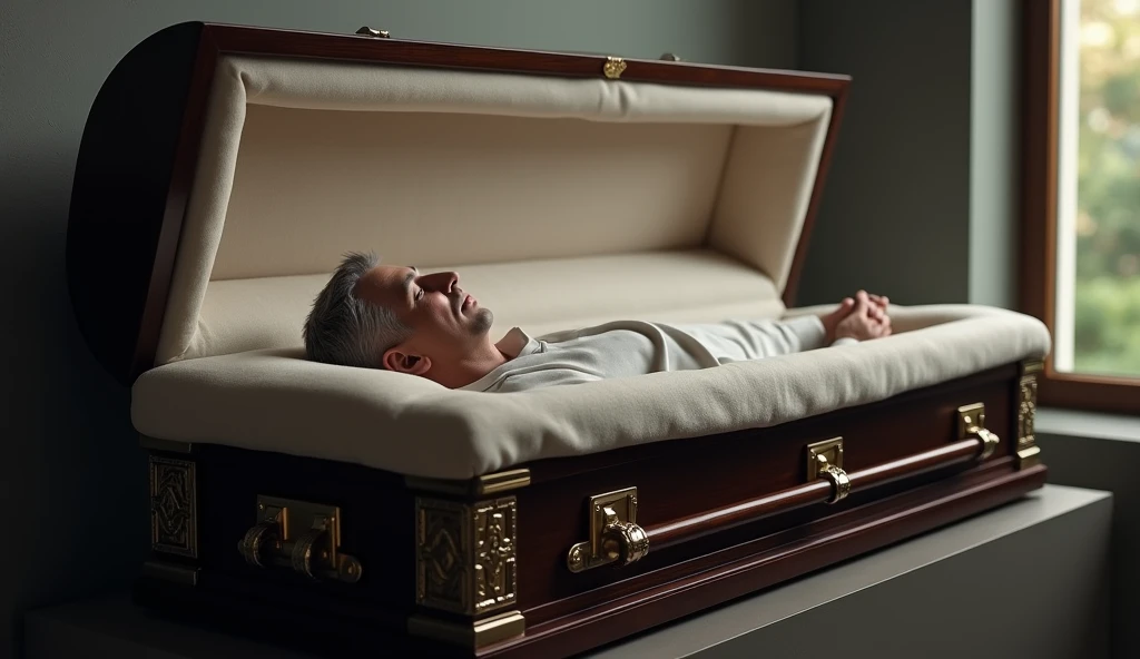Side view realistic photography of an opened casket, seen from a side ...