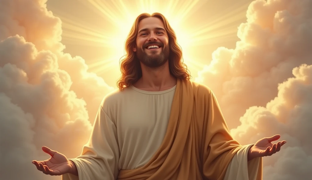 Jesus christ smiling in heaven bright clouds - SeaArt AI