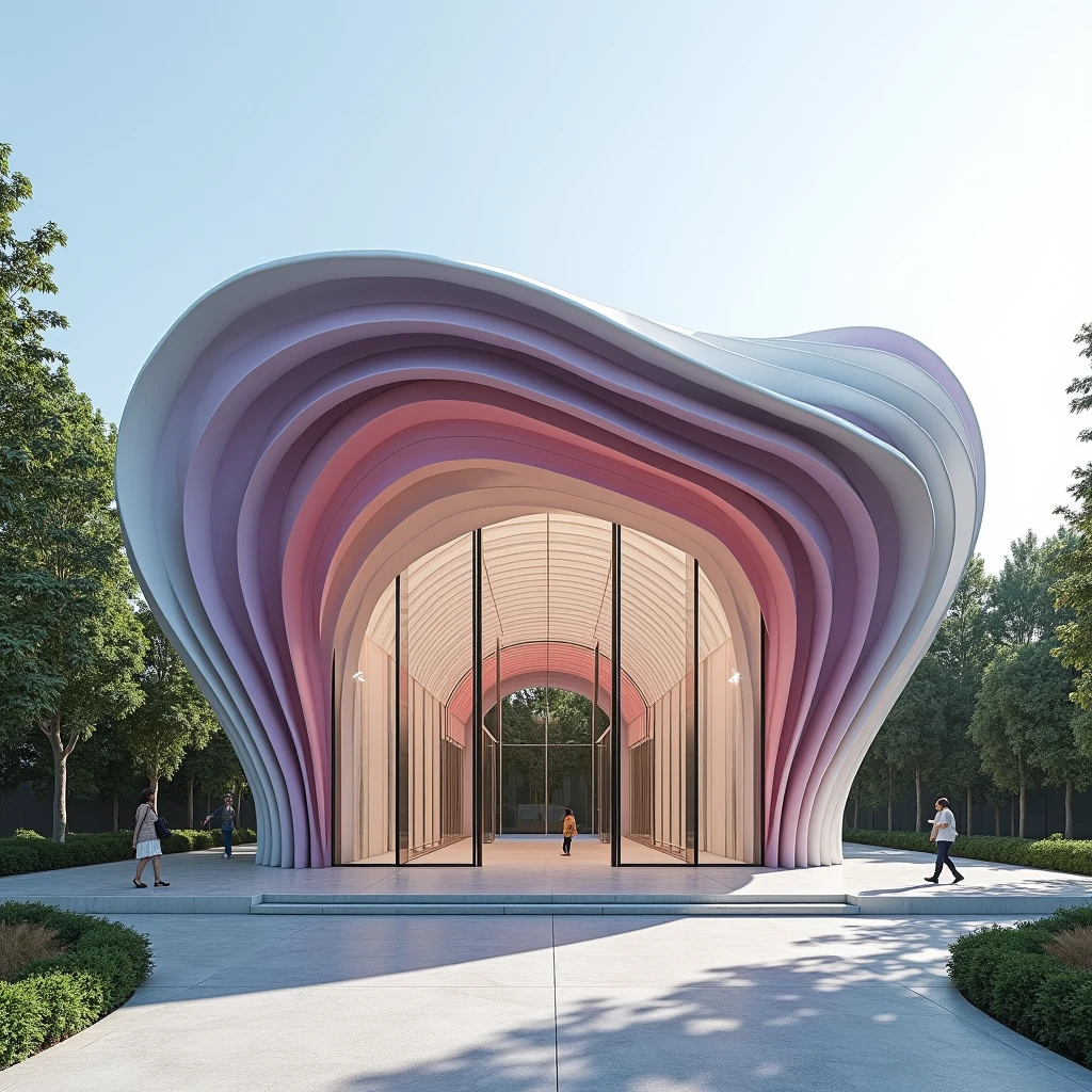 Exterior of a modern pavilion with a roof featuring layered, flowing ...