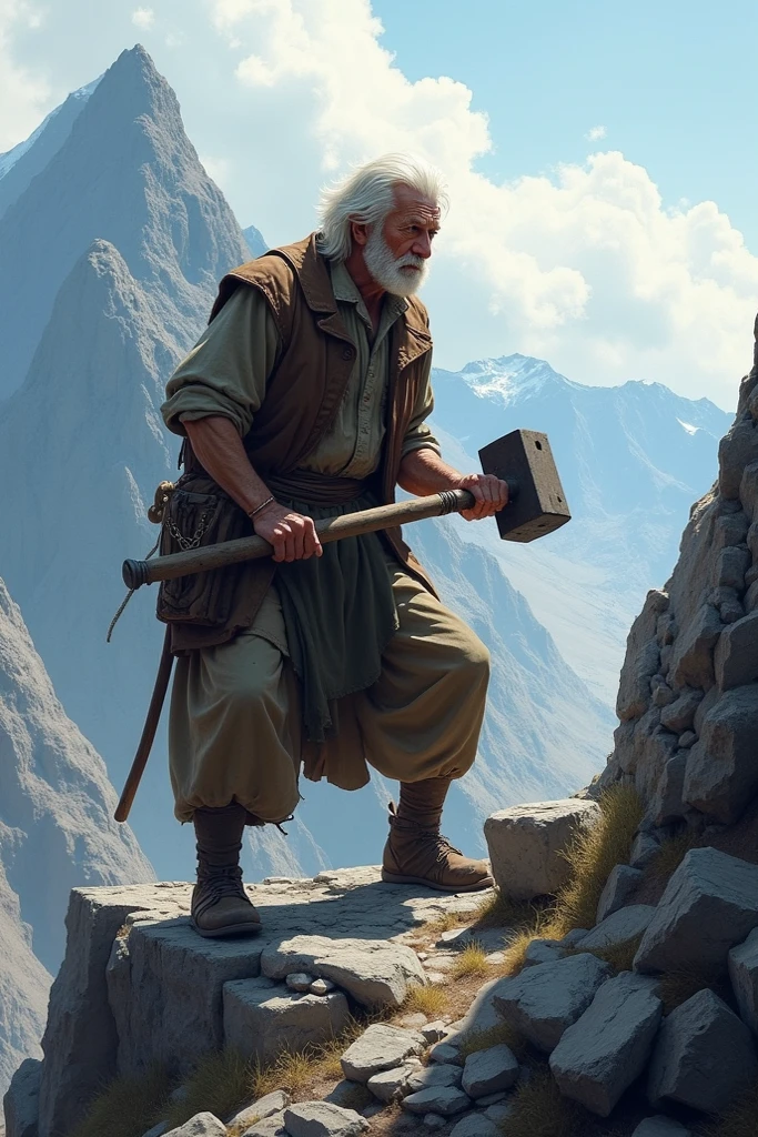 An old man is standing on top of a mountain with a hammer in his hand ...