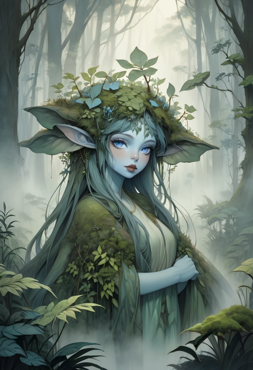 A forest nymph made from dense fog, surrounded by mist and lush ...