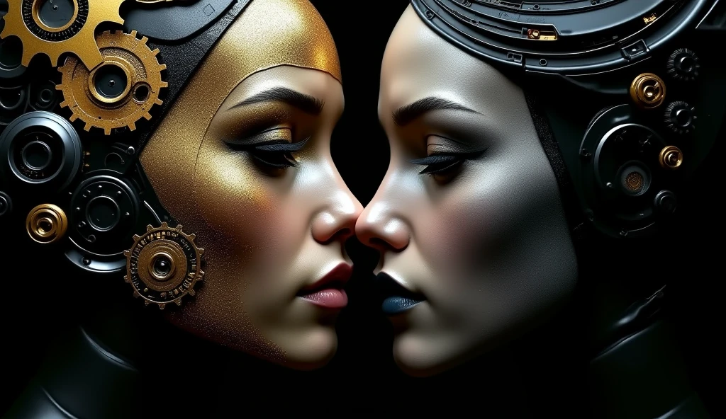 A highly detailed and futuristic art piece featuring two stylized women ...
