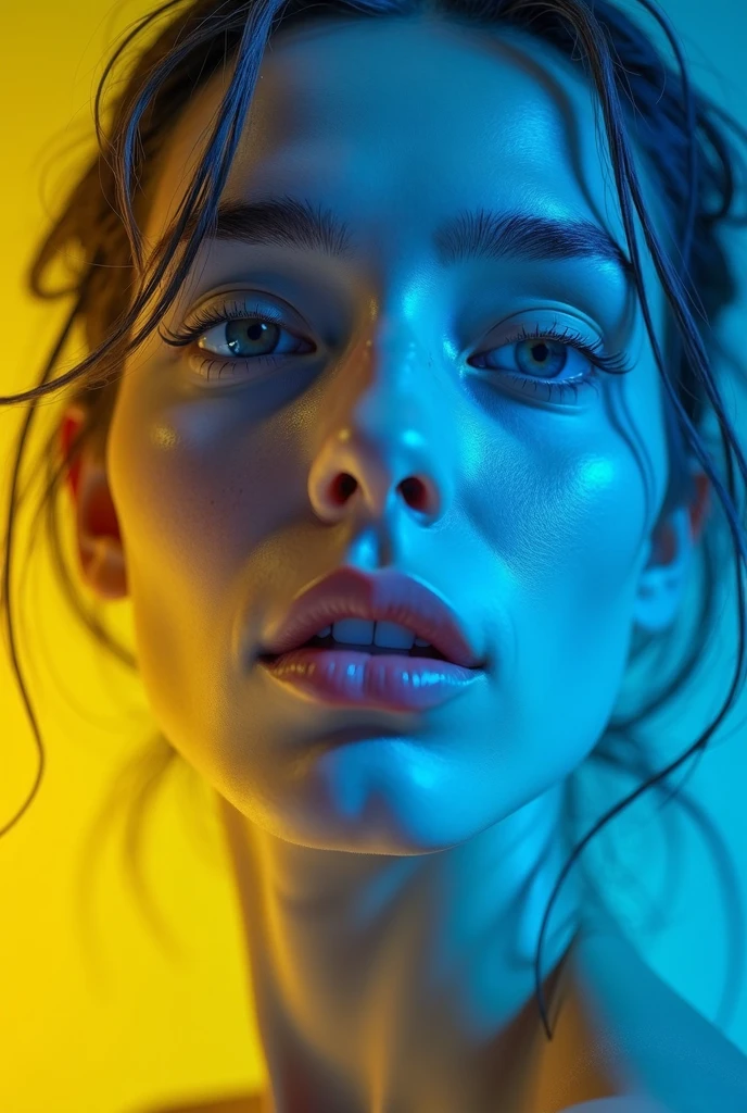 Design of a female face colored with shades of blue and yellow - SeaArt AI