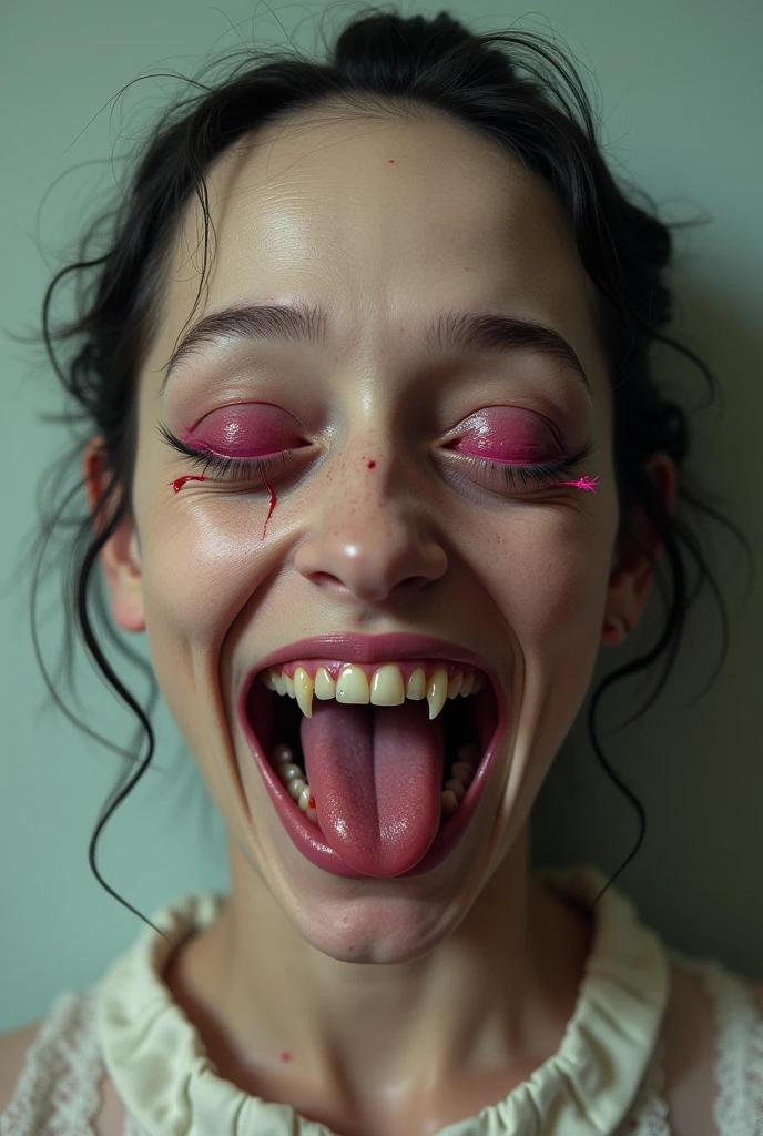 Teeth, taken, Tongue sticks out, smile, makeup, pink eyes - SeaArt AI