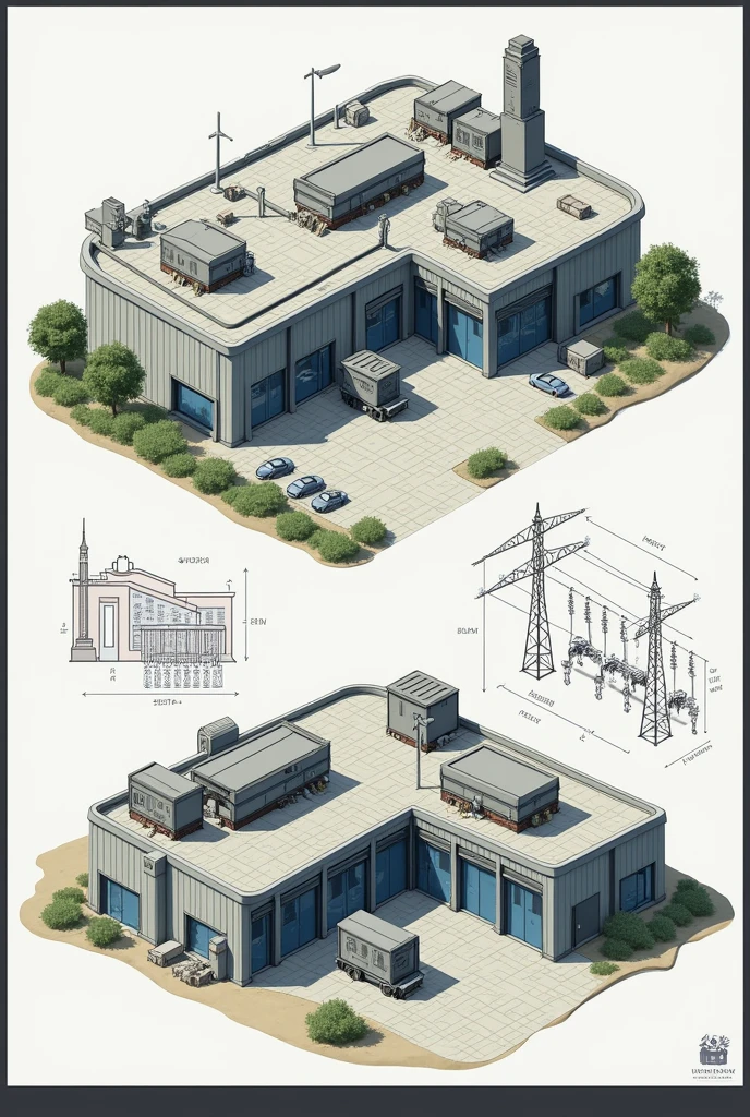 Two-story substation management building with modern parking spaces and ...