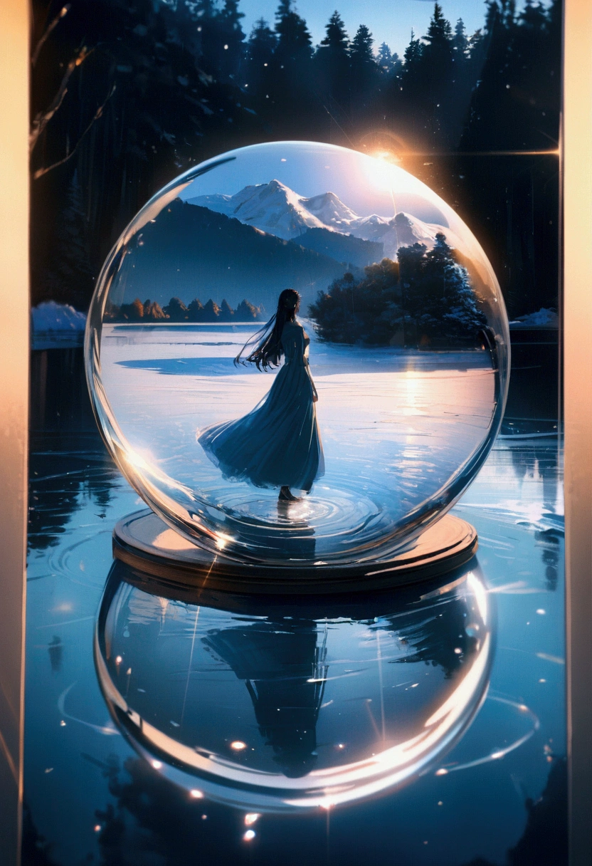 (A glass sphere depicting a soft winter sky over a frozen lake - SeaArt AI
