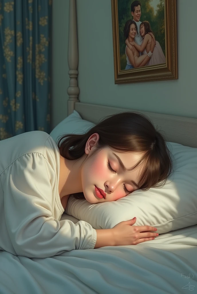 Eva in bed sleeping peacefully with a serene expression, a painting of ...