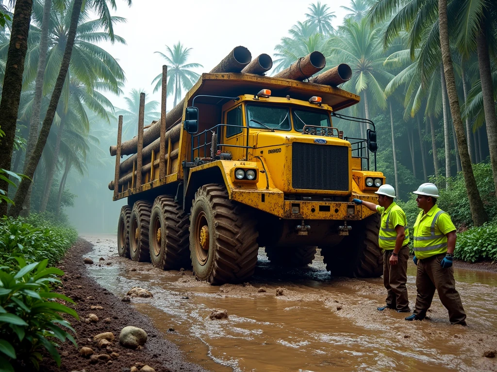 A colossal, six-wheeled yellow logging truck struggles through the ...