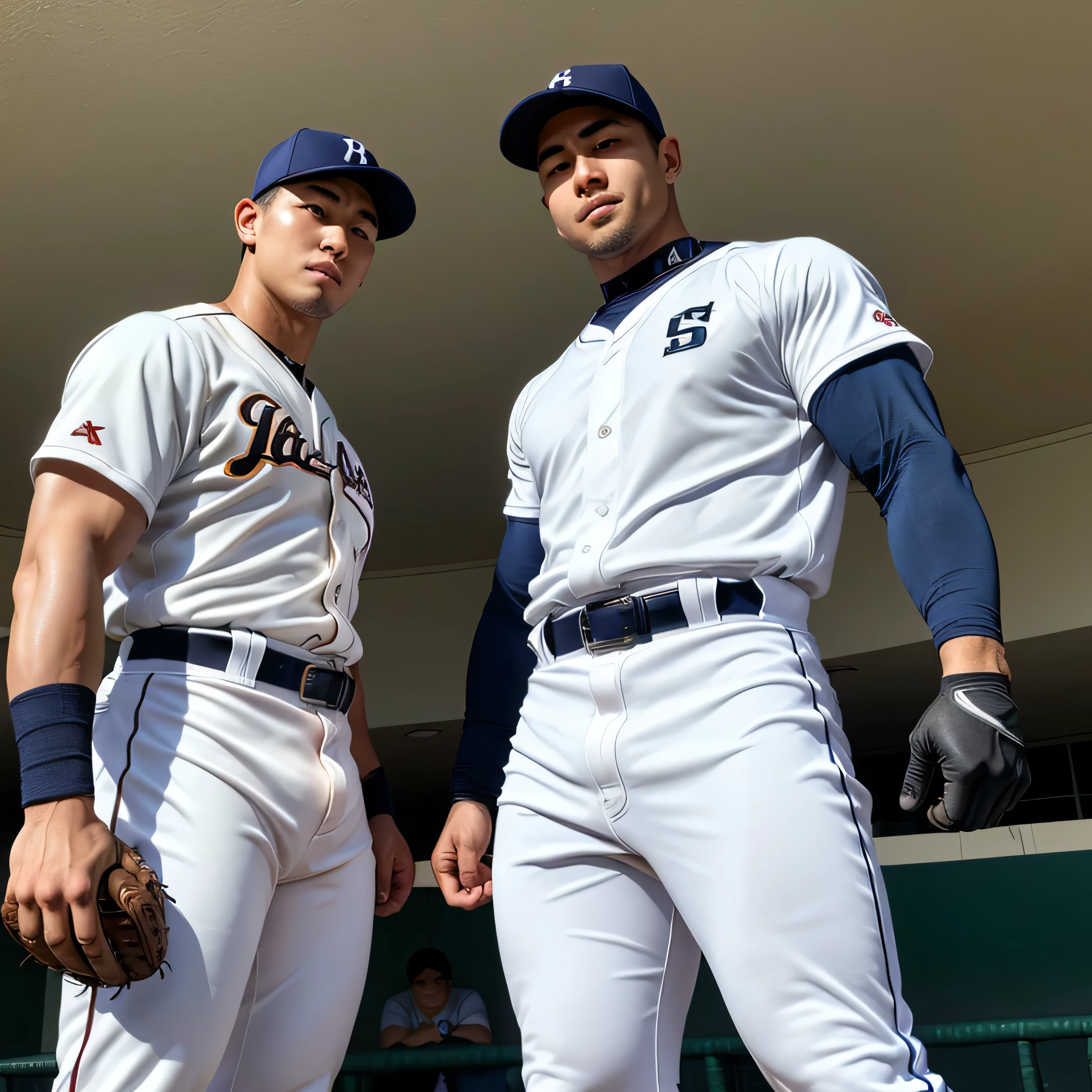 Two baseball players standing next to each other in a dugout - SeaArt AI