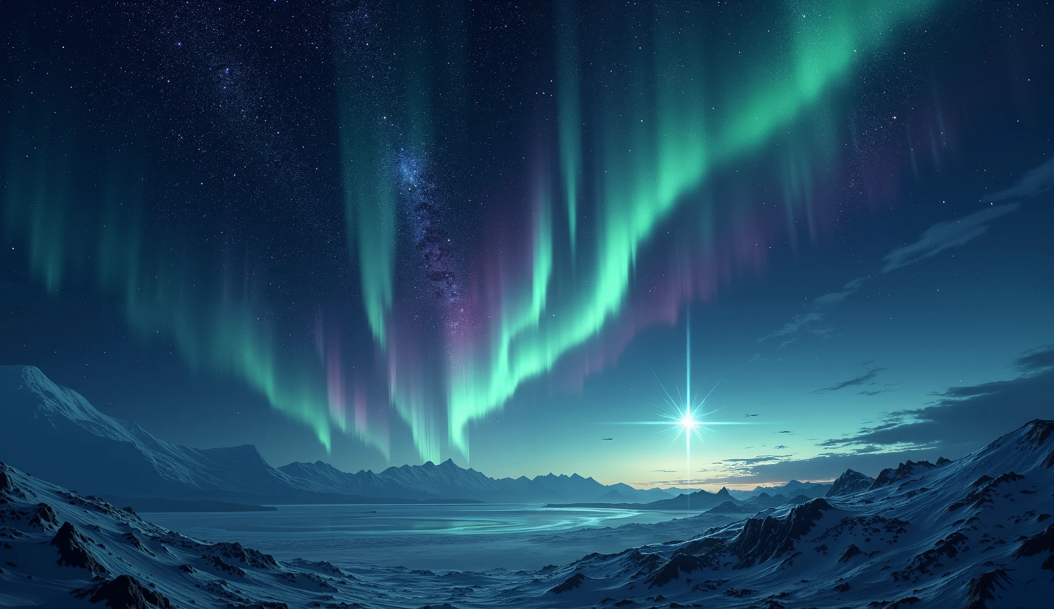 Aurora bores over a snowy mountain range with a star in the sky - SeaArt AI