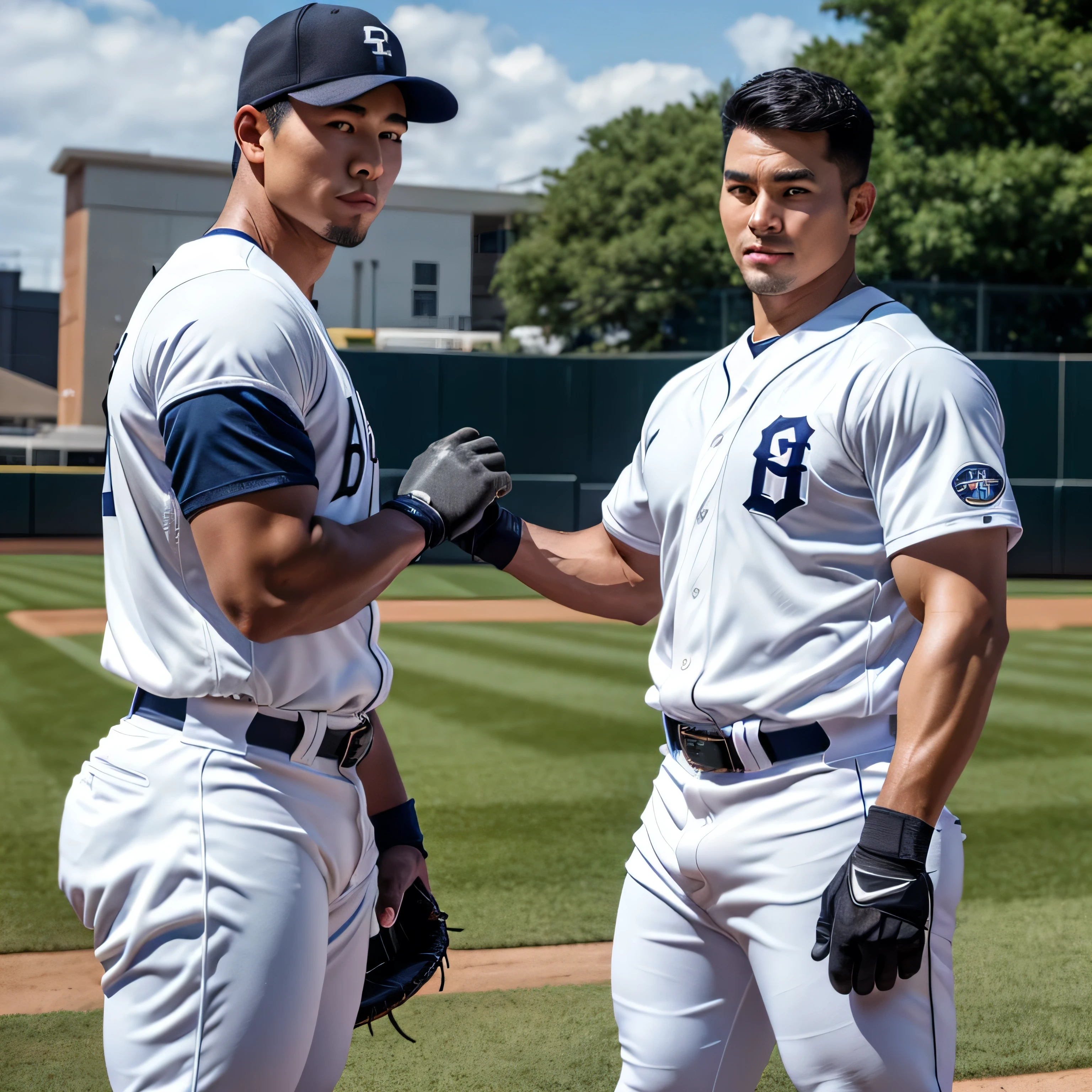 They are two baseball players standing on the field talking - SeaArt AI