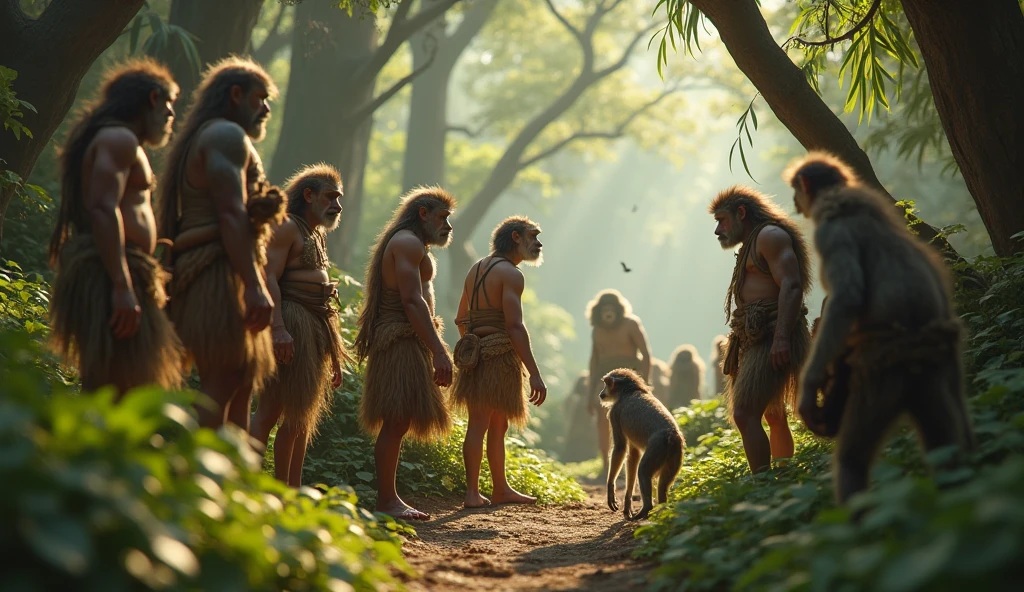 A peaceful interaction between cavemen and other animals, like monkeys ...