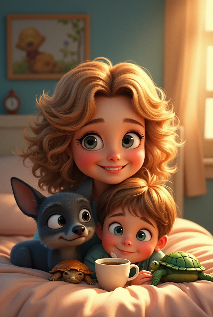 Pixar-style poster with a woman with curly blonde hair and gray eyes ...