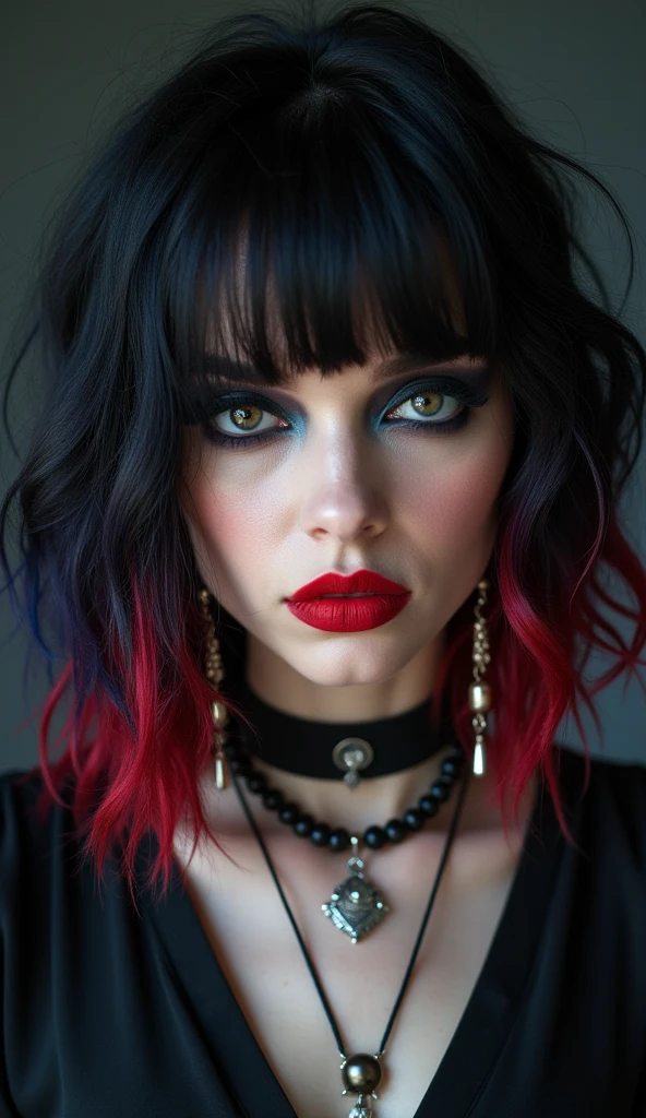 Closeup portrait of a goth woman, messy straight-cut cleopatra bob ...