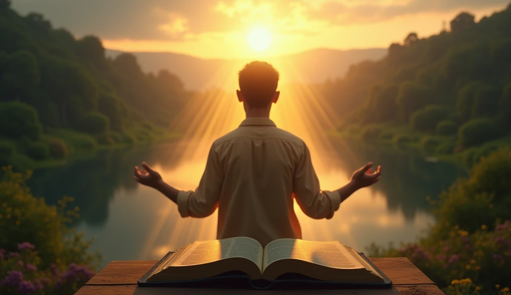 A serene and contemplative scene of a person standing in front of an ...