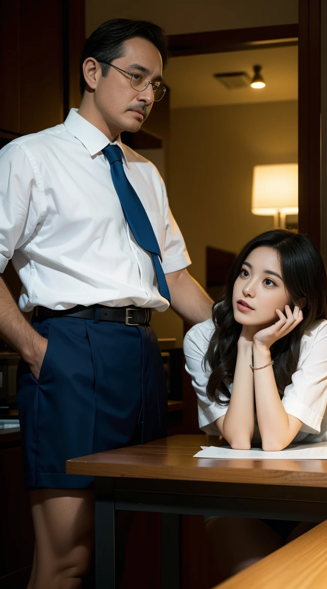 (((Two people, wavy hair)，(One is a young woman，One is a old man ...