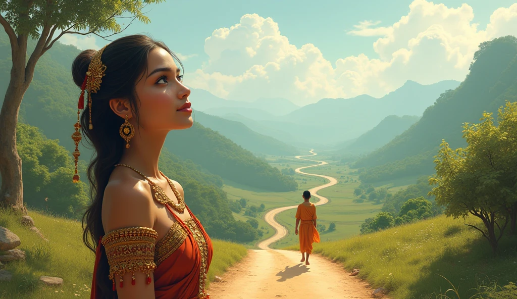 A beautiful princess stands by a road in ancient Sri Lanka, looking up ...