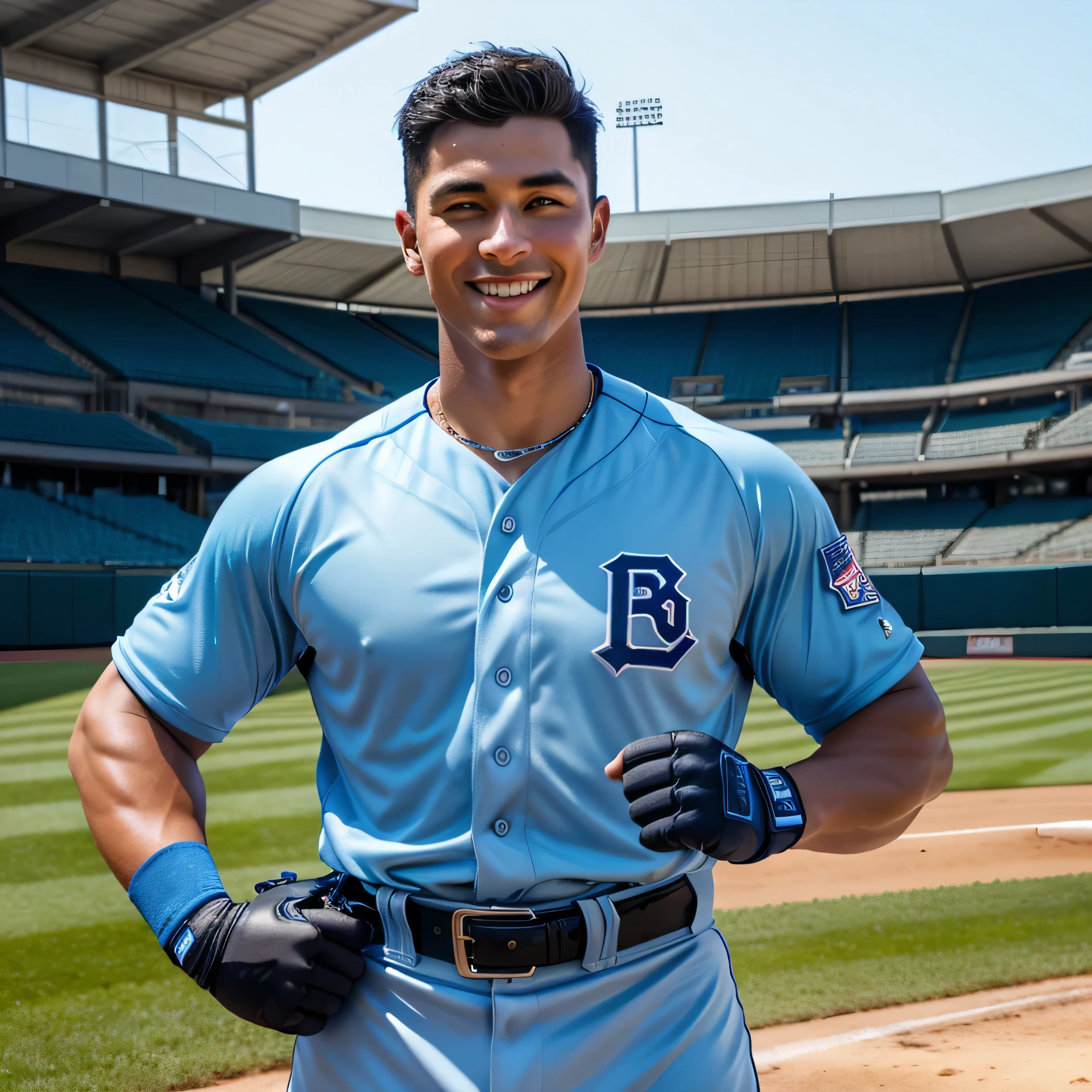 Arafed baseball player in blue uniform standing on a baseball field ...
