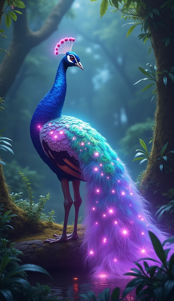 "Create a magical and luminous peacock in a mystical forest setting ...