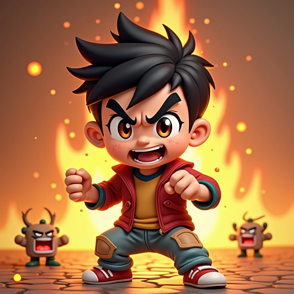This is a 3D cartoon type ，boy， "士" logo， with angry flames in magma in ...